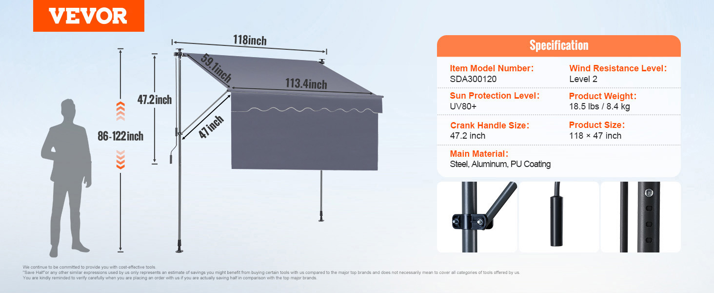 VEVOR Manual Retractable Awning, 118" Outdoor Retractable Patio Awning ...