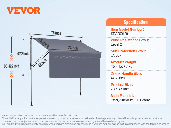 VEVOR Manual Retractable Awning, 78" Outdoor Retractable Patio Awning ...