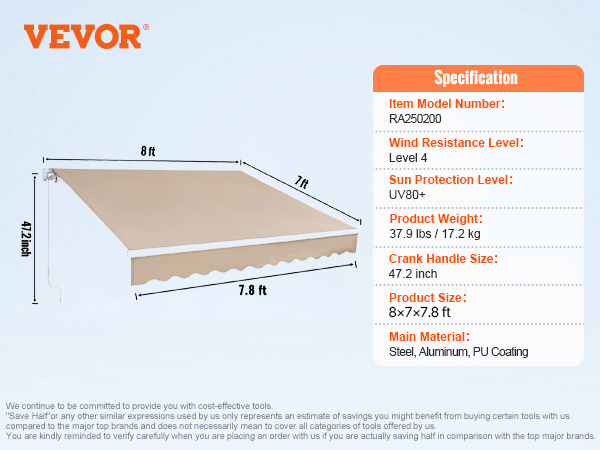 VEVOR Manual Retractable Awning, 8 x 7 ft Outdoor Patio Awning ...