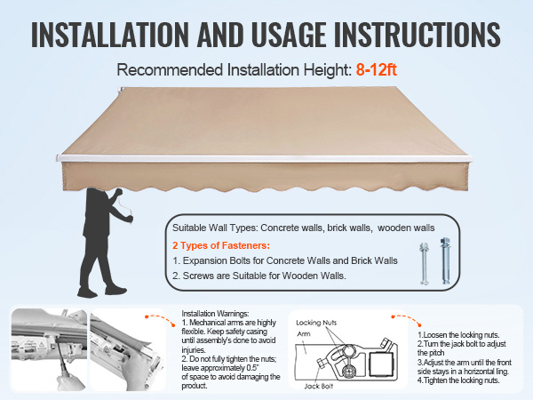 VEVOR Manual Retractable Awning, 8 x 7 ft Outdoor Patio Awning ...