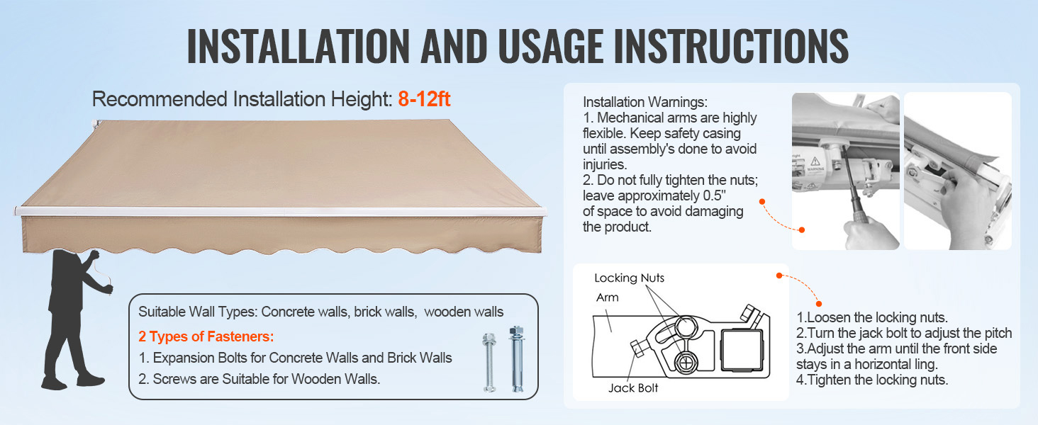 VEVOR Manual Retractable Awning, 8 x 7 ft Outdoor Patio Awning ...