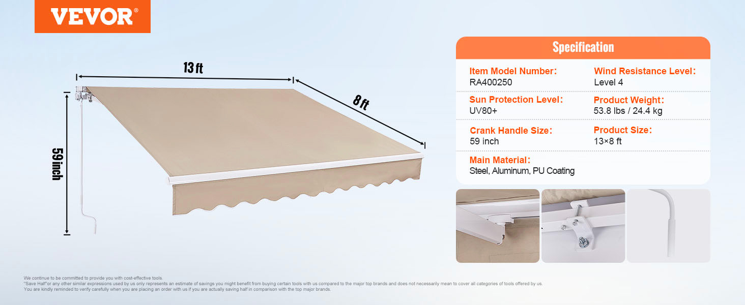 VEVOR Manual Retractable Awning, 13 x 8 ft Outdoor Patio Awning ...