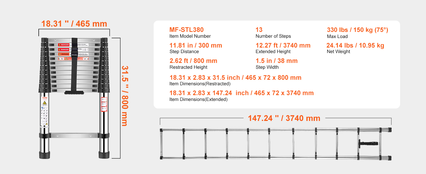 Telescoping Ladder Stainless Steel Extension Step 12.5 ft Portable ...