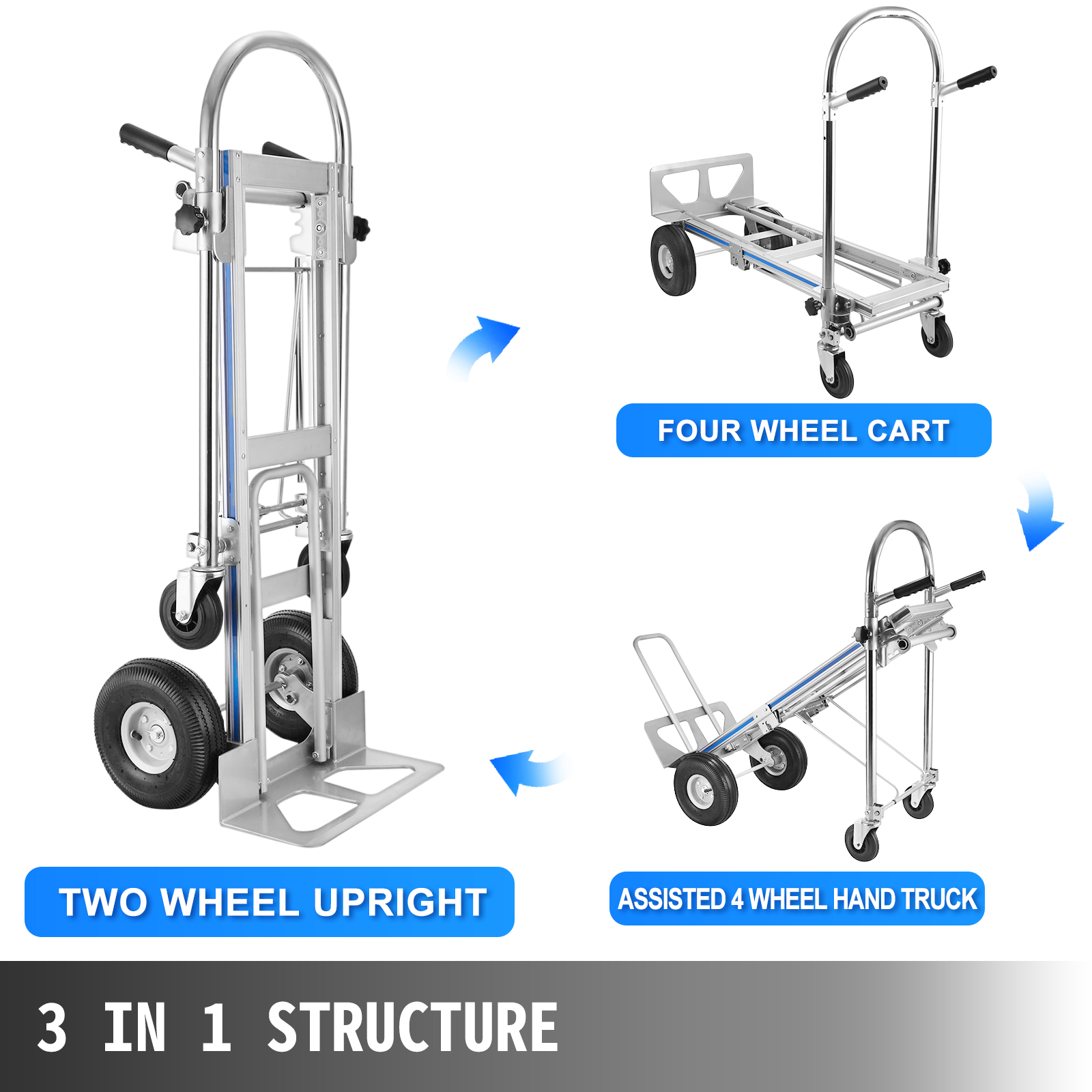VEVOR Aluminum Hand Truck 3 in 1 Folding Hand Truck Convertible Hand ...