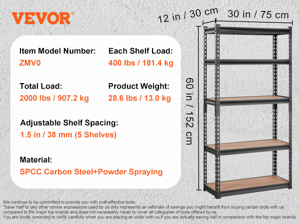 VEVOR Storage Shelving Unit, 5-Tier Adjustable, 2000 lbs Capacity ...