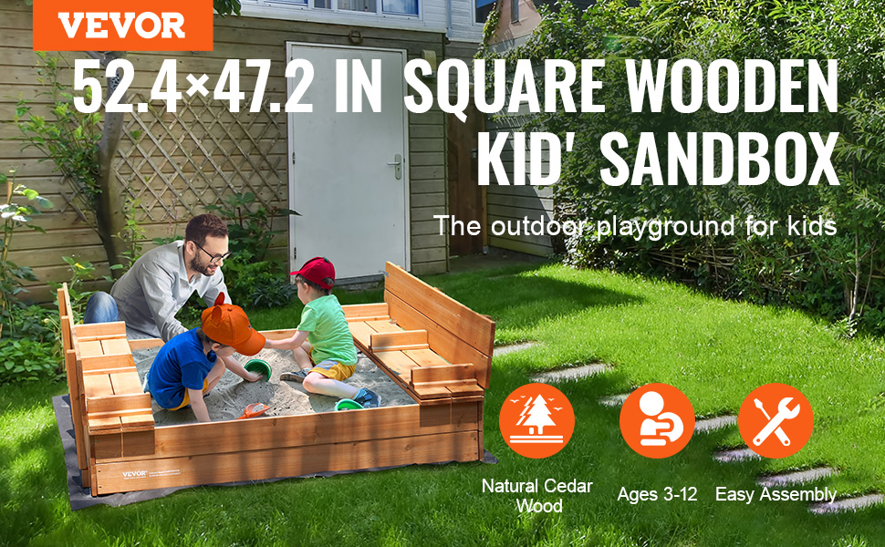 VEVOR Wooden Sandbox Sand Box Sand Pit with Bottom Liner for Outdoor ...