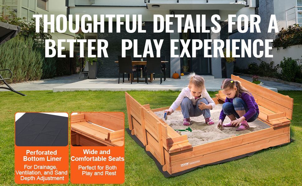 VEVOR Wooden Sandbox Sand Box Sand Pit with Bottom Liner for Outdoor ...