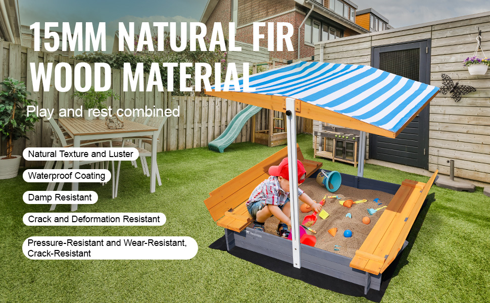 VEVOR Wooden Sandbox with Canopy Sand Box Sand Pit Outdoor Backyard ...