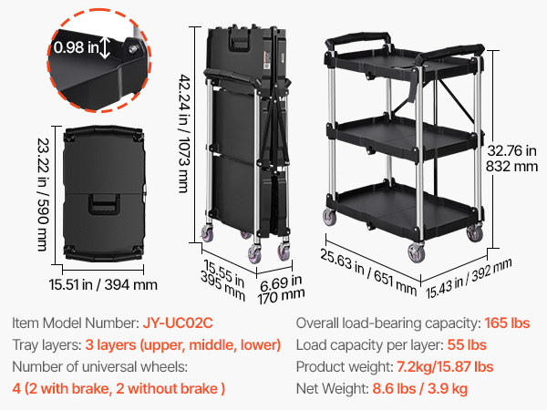 VEVOR Foldable Utility Service Cart 3 Shelf 165LBS with Swivel Lockable ...