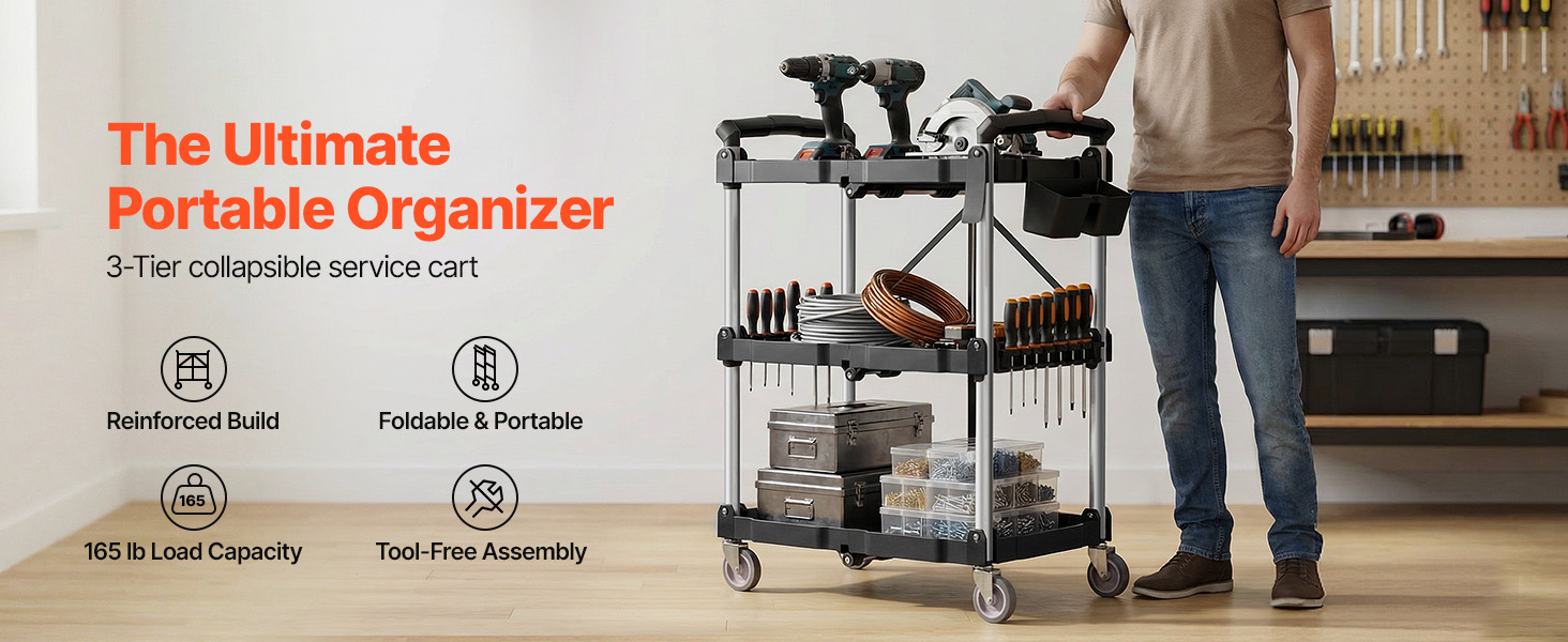 VEVOR Foldable Utility Service Cart 3 Shelf 165LBS with Swivel Lockable ...