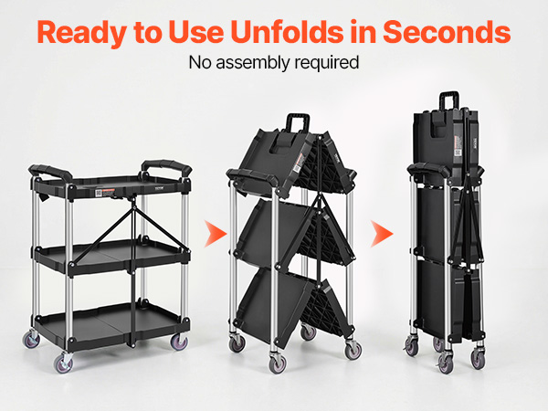 VEVOR Foldable Utility Service Cart 3 Shelf 165LBS with Swivel Lockable ...