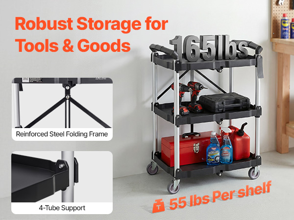 VEVOR Foldable Utility Service Cart, 3 Shelf 165LBS Heavy Duty Plastic ...