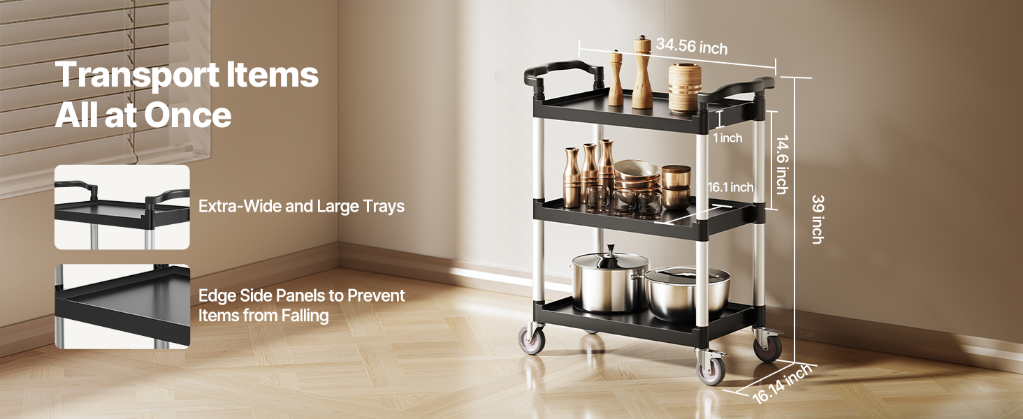 VEVOR Heavy Duty Utility Cart 300 lbs Capacity 3-tier Service Cart with ...