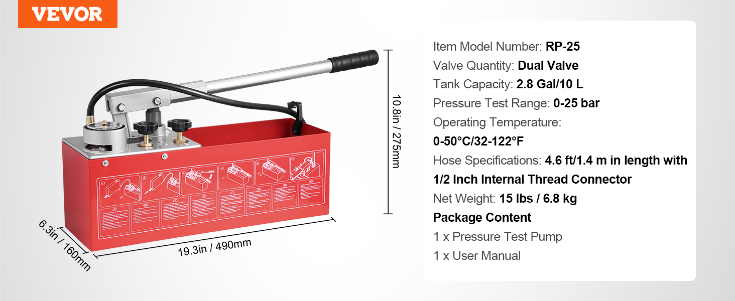 VEVOR Hydrostatic Test Pump, Max 25 bar/362 PSI, Dual Valve Hydraulic ...