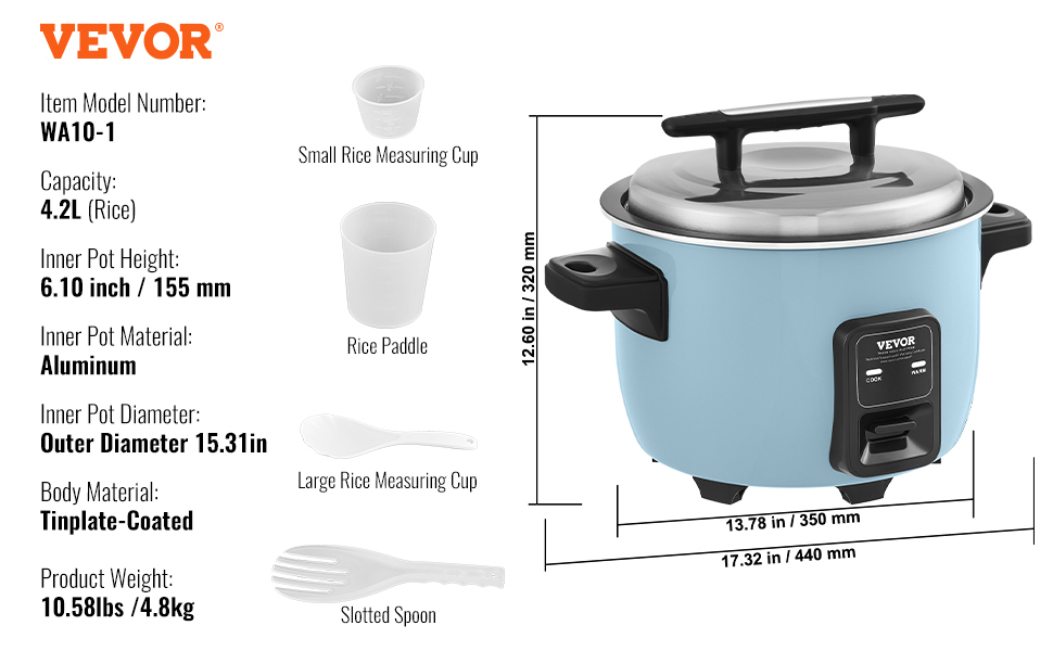 VEVOR Commercial Rice Cooker 50-Cup Non-Stick Pot 10L 24H Keep Warm ...