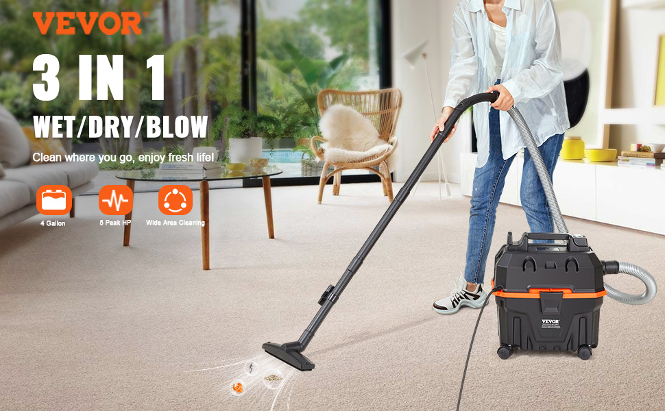 VEVOR Wet/Dry Shop Vacuum Vac 15L 5 Peak HP w/ Nozzle Rich Attachments ...