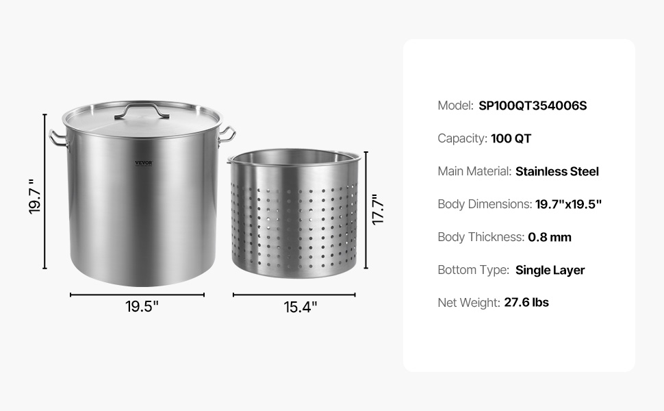 100QT Stainless Steel Stockpot Cooking Kitchen Sauce Pot with Basket ...