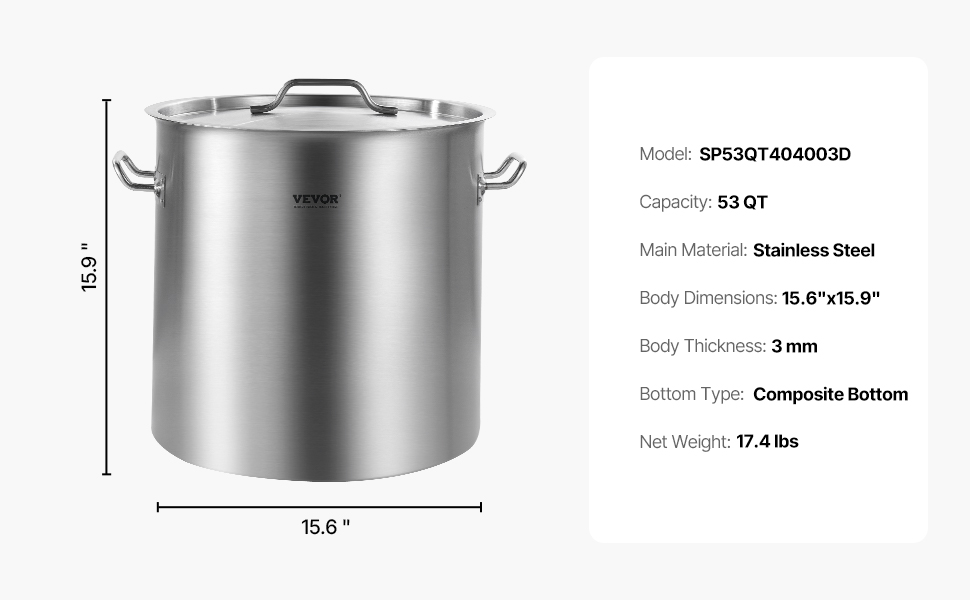 VEVOR 53QT Stainless Steel Stockpot Cooking Kitchen Sauce Pot with Lid ...
