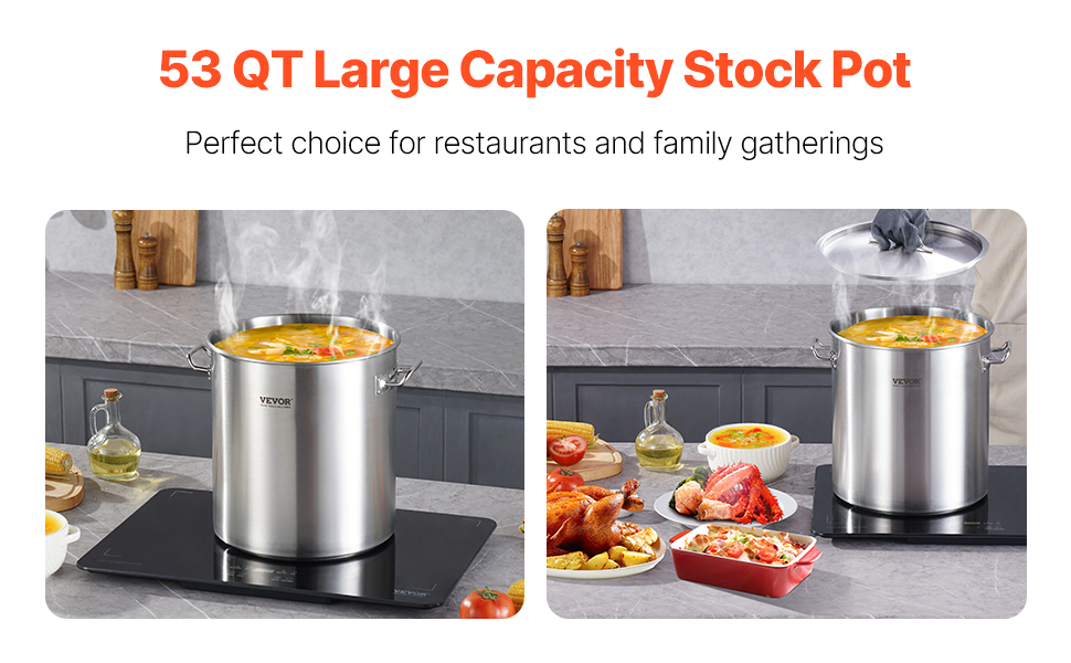 VEVOR 53QT Stainless Steel Stockpot Cooking Kitchen Sauce Pot with Lid ...