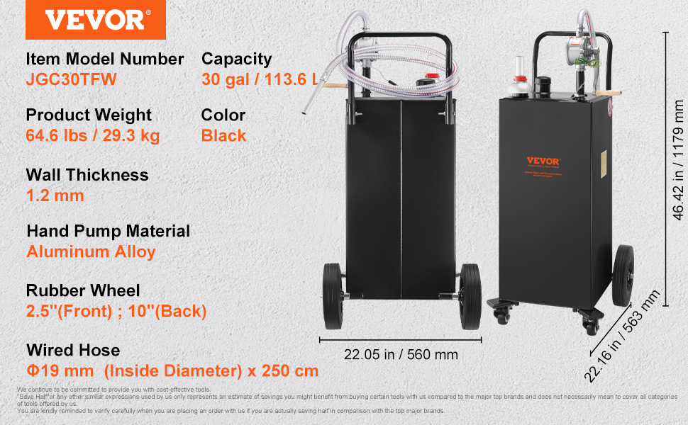 VEVOR 30 Gallon Fuel Caddy, Gas Storage Tank & 4 Wheels, with Manuel Transfer Pump, Gasoline ...