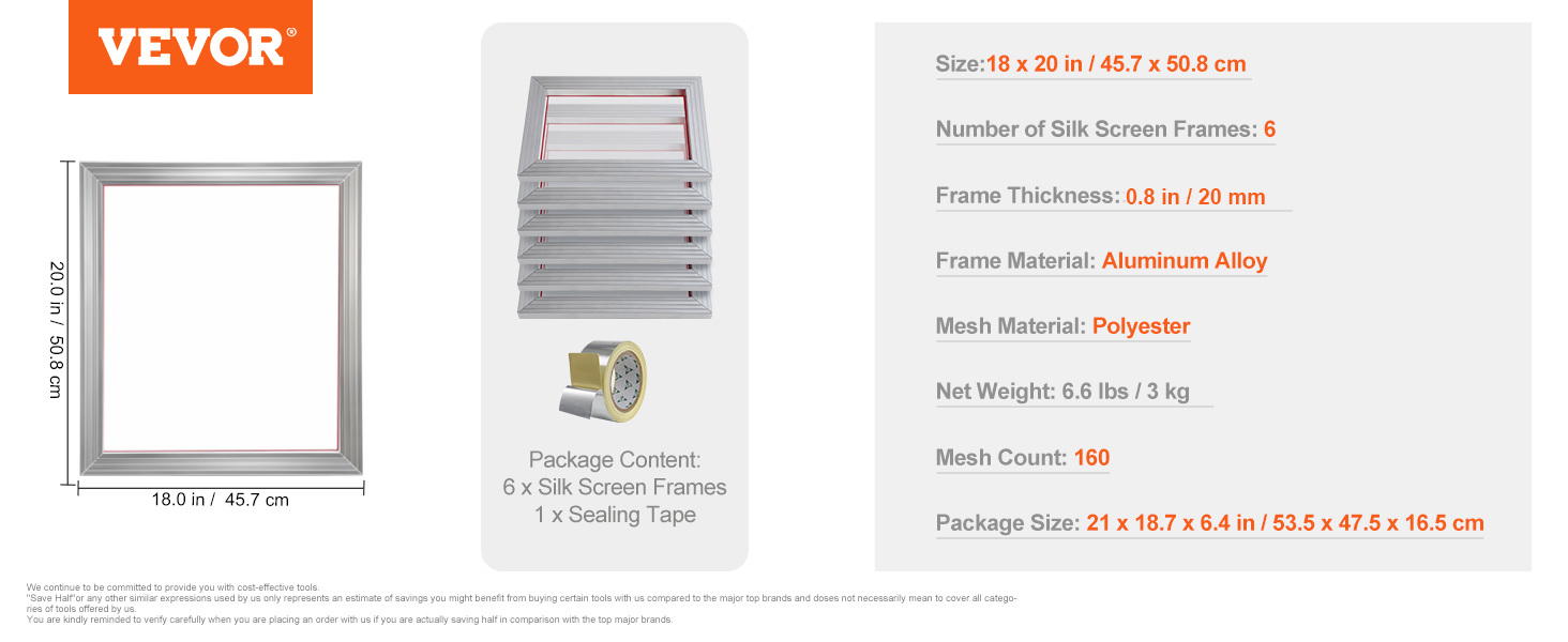 VEVOR Screen Printing Kit, 6 Pieces Aluminum Silk Screen Printing ...