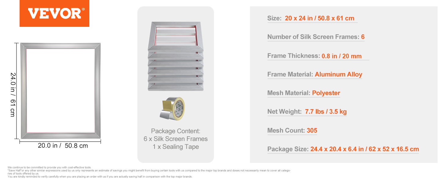 VEVOR Screen Printing Kit, 6 Pieces Aluminum Silk Screen Printing ...