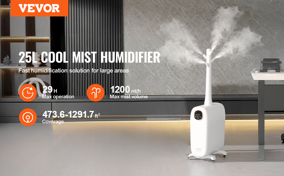 VEVOR Commercial Humidifier 6.6 Gal Cool Mist for Up To 1291.7 Sq Ft Top Refill | VEVOR US