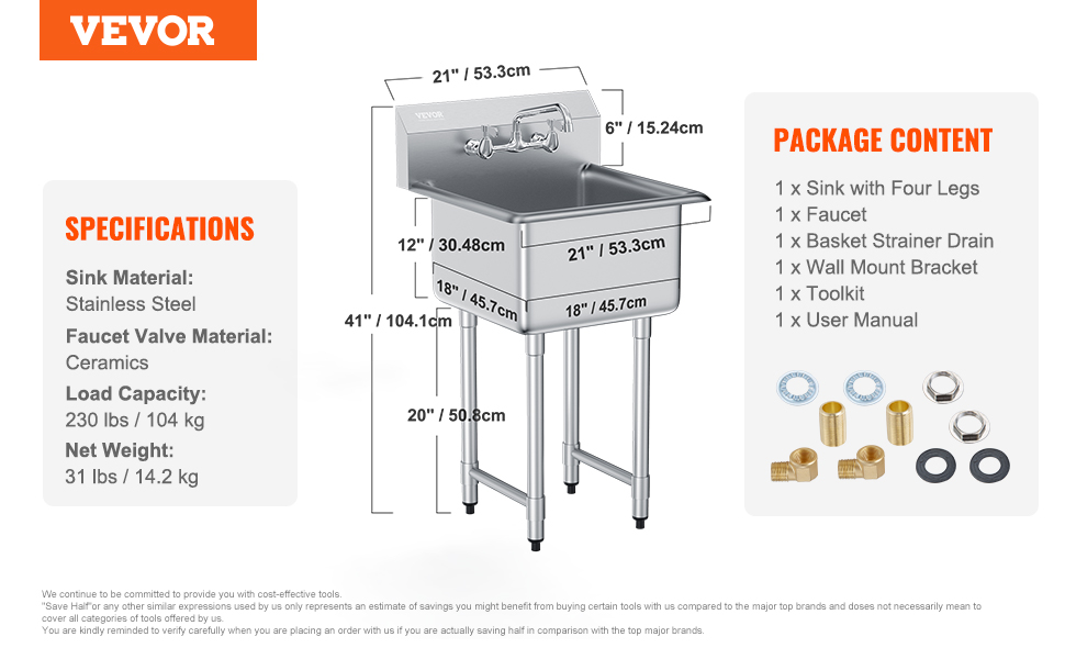 VEVOR Stainless Steel Prep & Utility Sink, 1 Compartment Free Standing ...