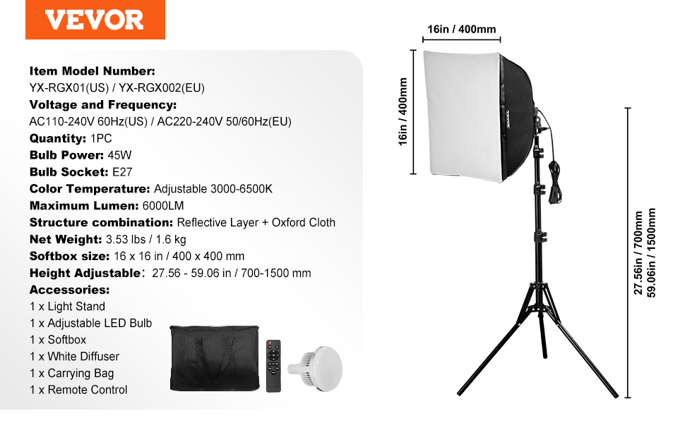 VEVOR Softbox Lighting Kit 16 in x 16 in 3000-6500K Adjustable for ...