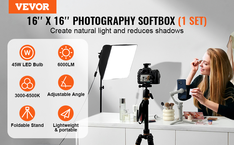 VEVOR Softbox Lighting Kit 16 in x 16 in 3000-6500K Adjustable for ...