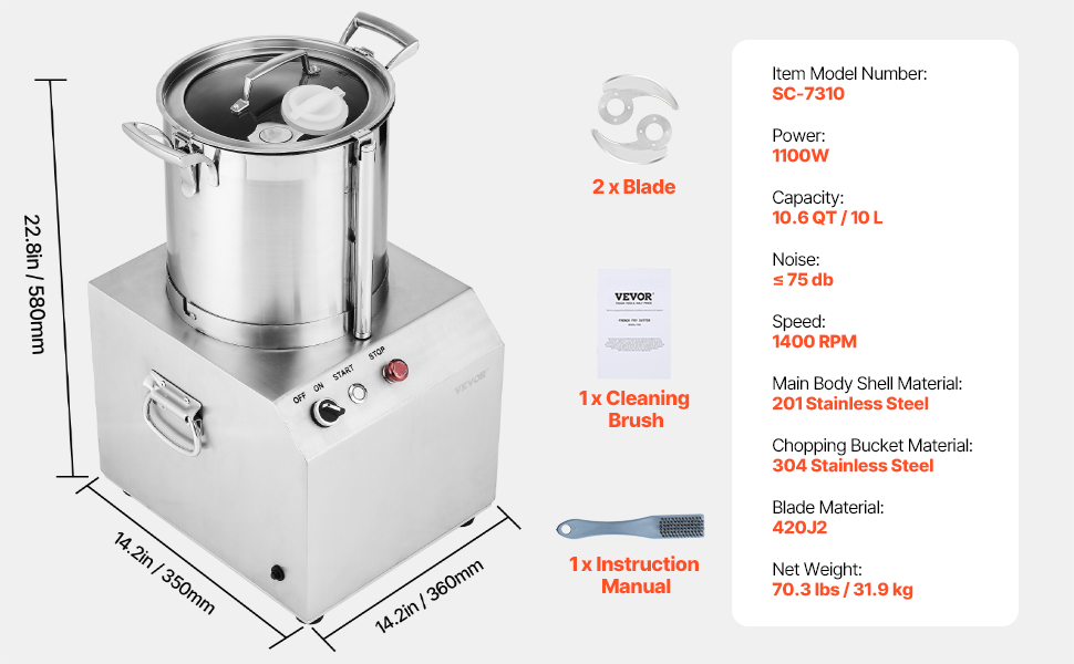 VEVOR Food Processor & Vegetable Chopper 10L Food-Grade Stainless Steel ...