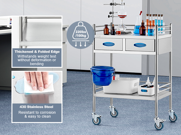 VEVOR Lab Serving Cart, 2 Layers Stainless Steel Utility Rolling Cart ...