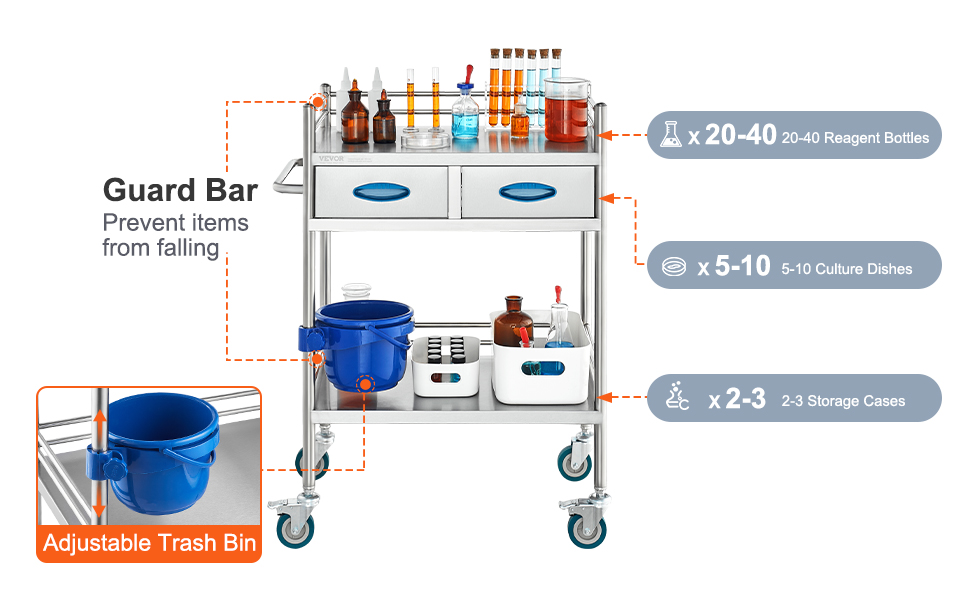 VEVOR Lab Serving Cart, 2 Layers Stainless Steel Utility Rolling Cart ...