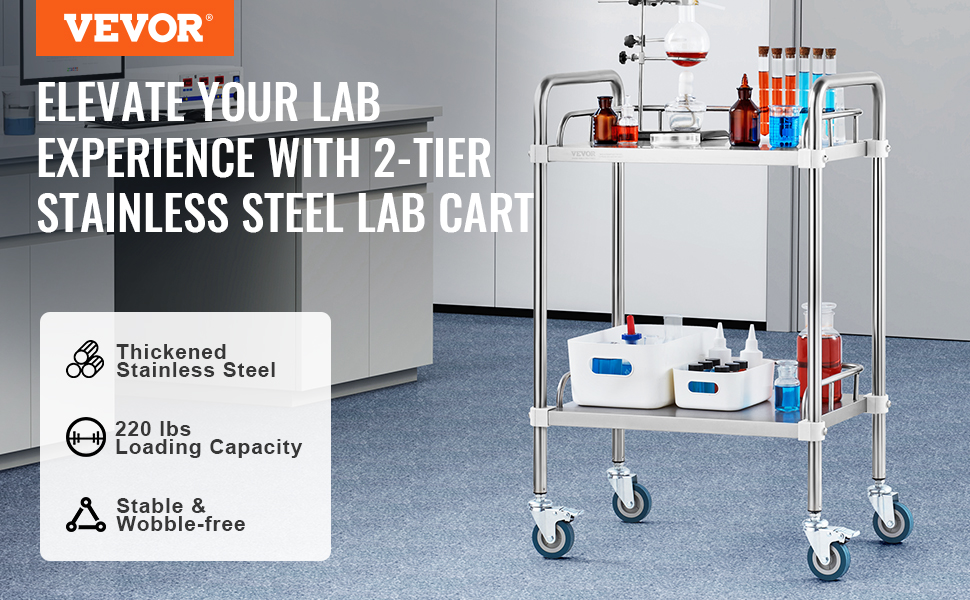 VEVOR Lab Rolling Cart, 2-Shelf Stainless Steel Rolling Cart, Lab ...