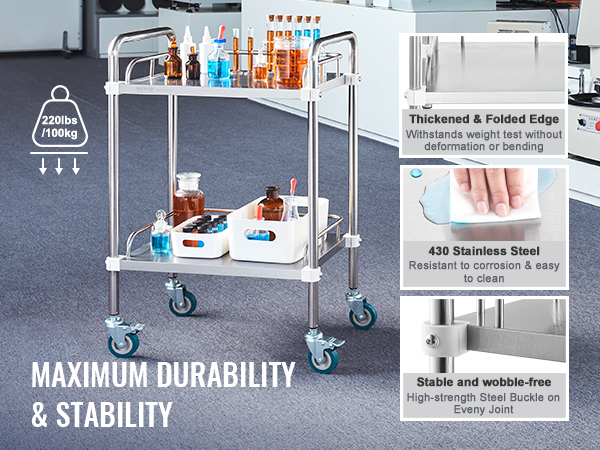VEVOR Lab Rolling Cart, 2-Shelf Stainless Steel Rolling Cart, Lab ...