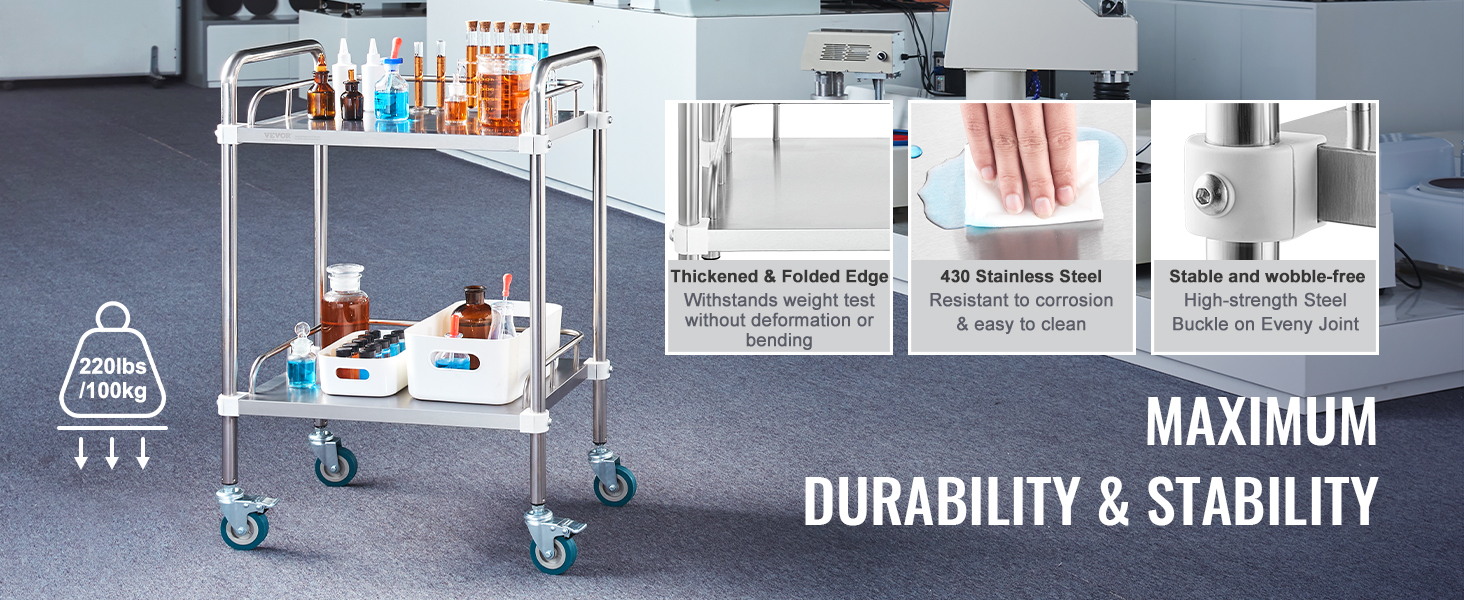 VEVOR Lab Rolling Cart, 2-Shelf Stainless Steel Rolling Cart, Lab ... VEVOR Lab Rolling Cart, 2-Shelf Stainless Steel Rolling Cart, Lab ...