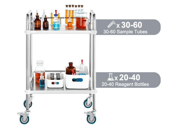VEVOR Lab Rolling Cart, 2-Shelf Stainless Steel Rolling Cart, Lab ...