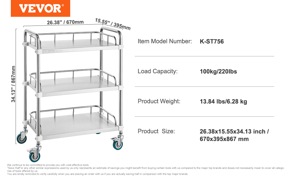 VEVOR Lab Rolling Cart, 3-Shelf Stainless Steel Rolling Cart, Lab ...