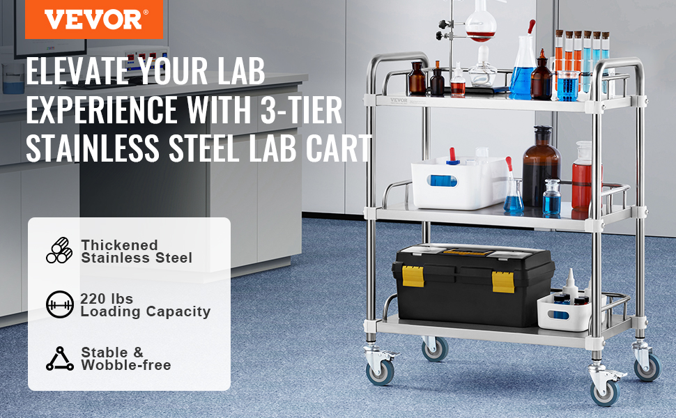 VEVOR Lab Rolling Cart, 3-Shelf Stainless Steel Rolling Cart, Lab ...
