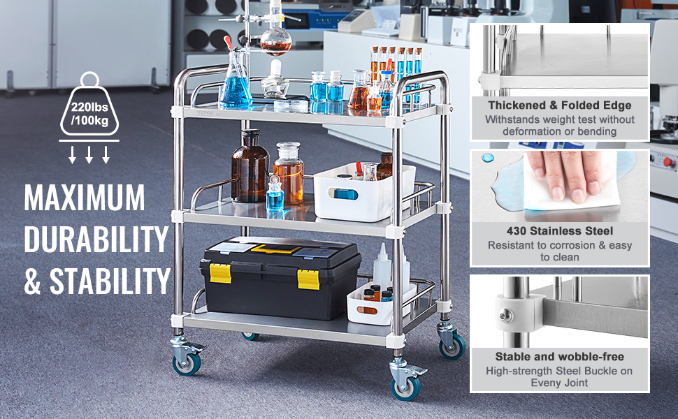 VEVOR Lab Rolling Cart, 3-Shelf Stainless Steel Rolling Cart, Lab ...