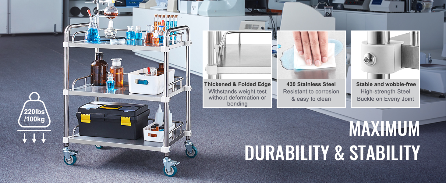 VEVOR Lab Rolling Cart, 3-Shelf Stainless Steel Rolling Cart, Lab ...