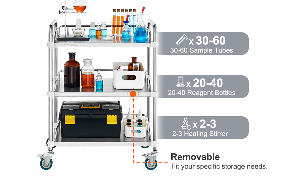 VEVOR Lab Rolling Cart, 3-Shelf Stainless Steel Rolling Cart, Lab ...