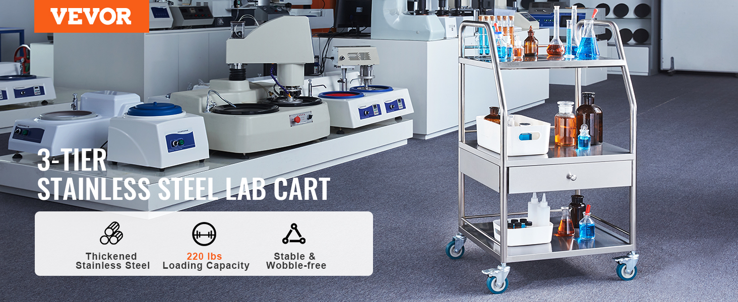 VEVOR Lab Serving Cart, 3 Layers Stainless Steel Utility Rolling Cart ...
