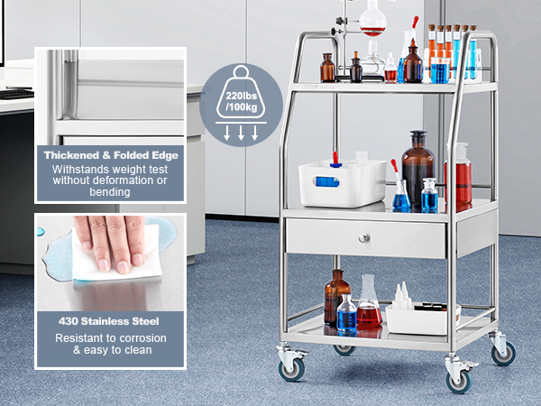 VEVOR Lab Serving Cart, 3 Layers Stainless Steel Utility Rolling Cart ...