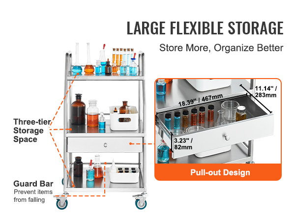 VEVOR Lab Serving Cart, 3 Layers Stainless Steel Utility Rolling Cart ...