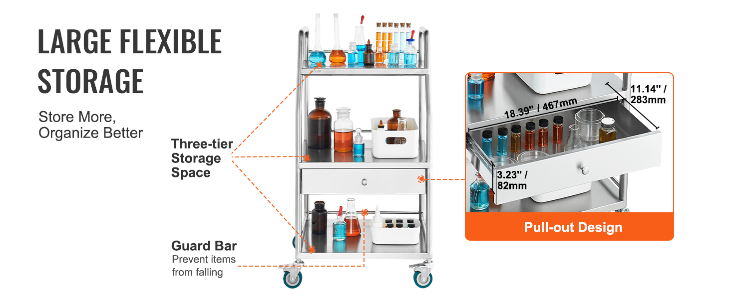 VEVOR Lab Serving Cart, 3 Layers Stainless Steel Utility Rolling Cart ...