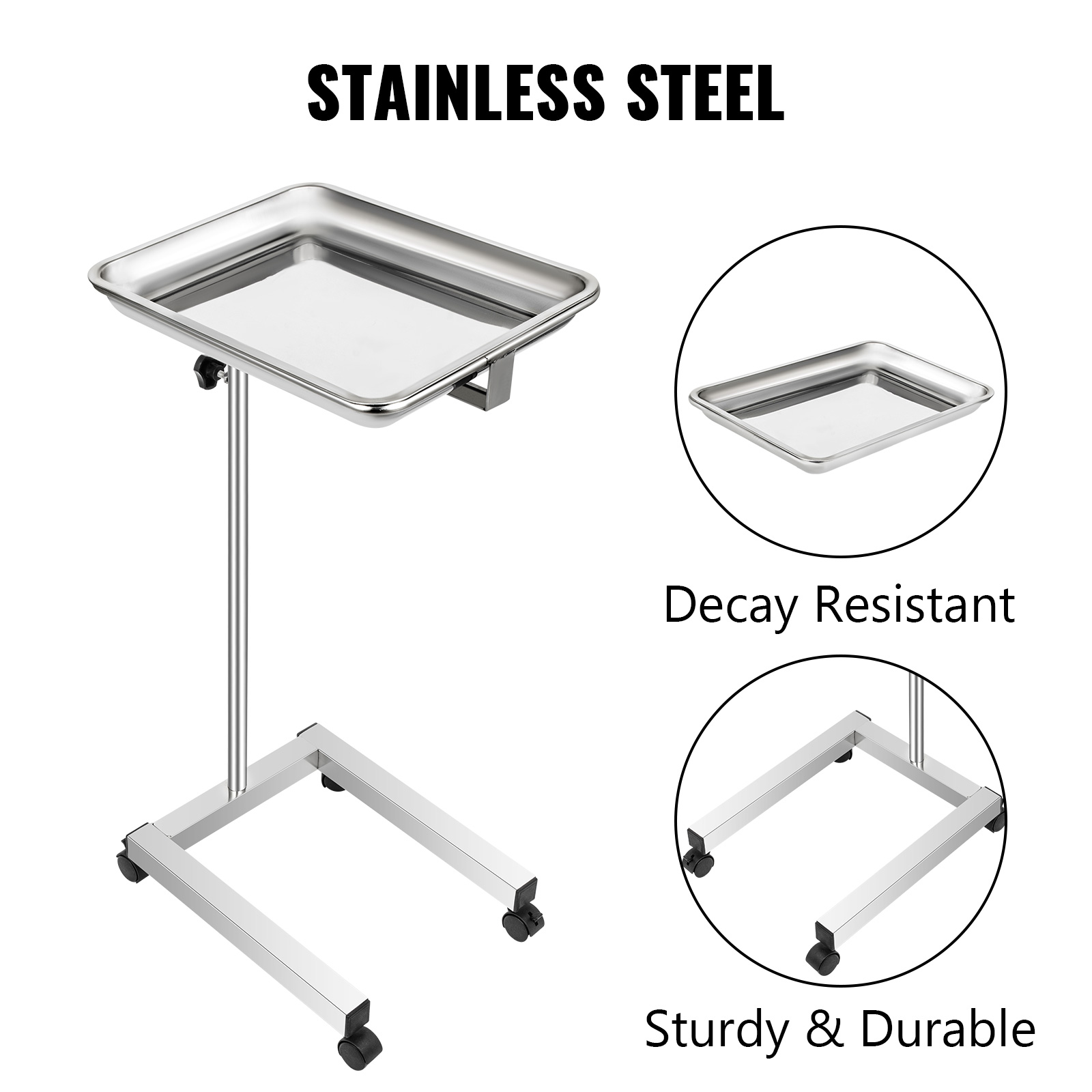 VEVOR Lab Cart Stainless Steel Mayo Tray Stand 18x14 Inch Trolley Mayo ...