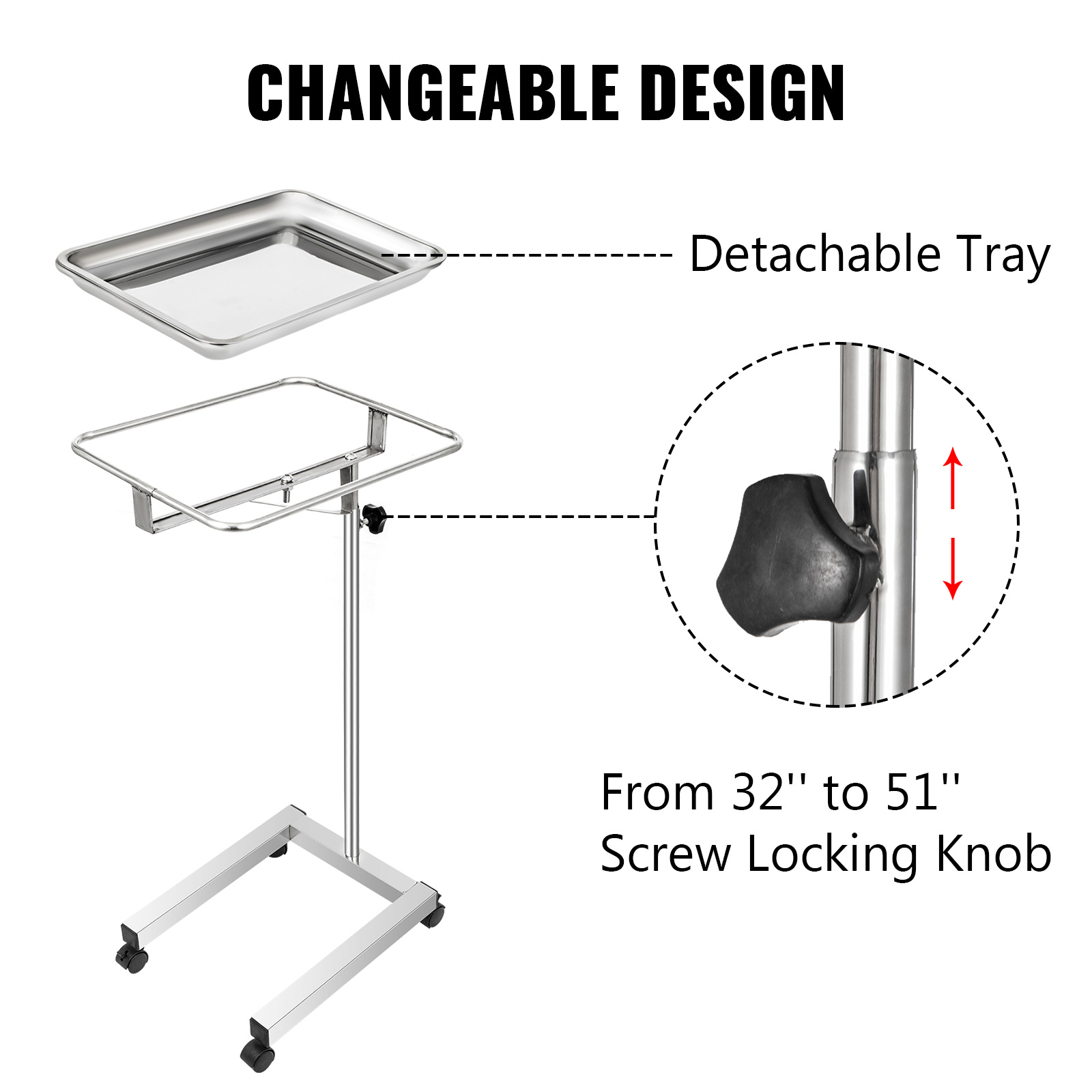 VEVOR Lab Cart Stainless Steel Mayo Tray Stand 18x14 Inch Trolley Mayo ...
