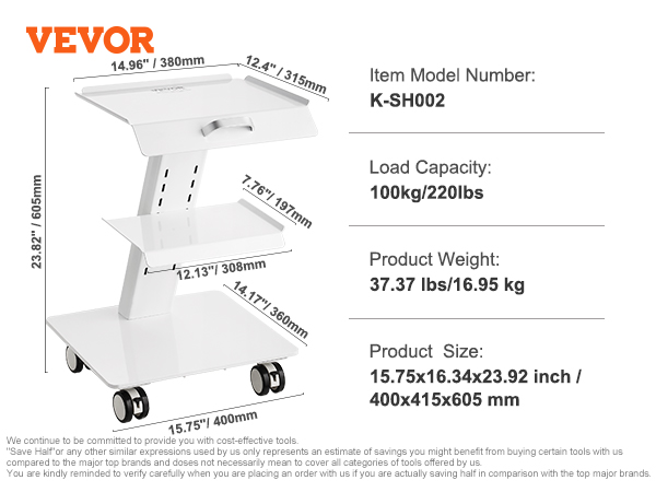 VEVOR Lab Trolley, 3-Layer Rolling Lab Cart, Metal Mobile Trolley with ...