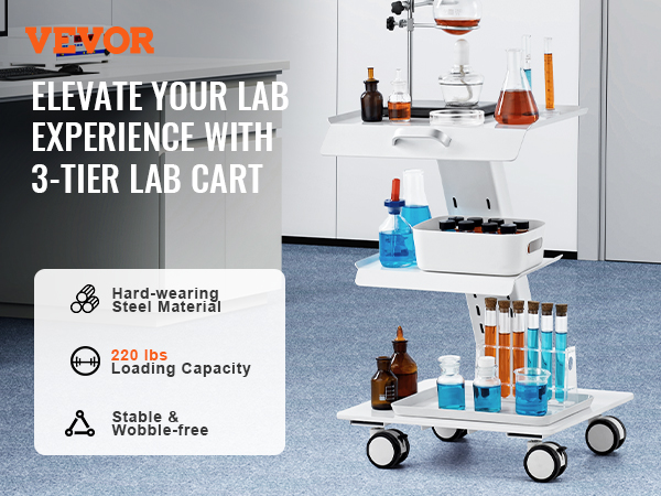 VEVOR Lab Trolley, 3-Layer Rolling Lab Cart, Metal Mobile Trolley with ...